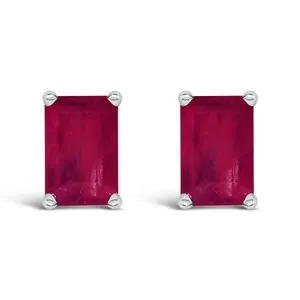 HAUS OF BRILLIANCE 14k Gold Emerald Cut Gemstone Stud Earrings - Red Ruby | White